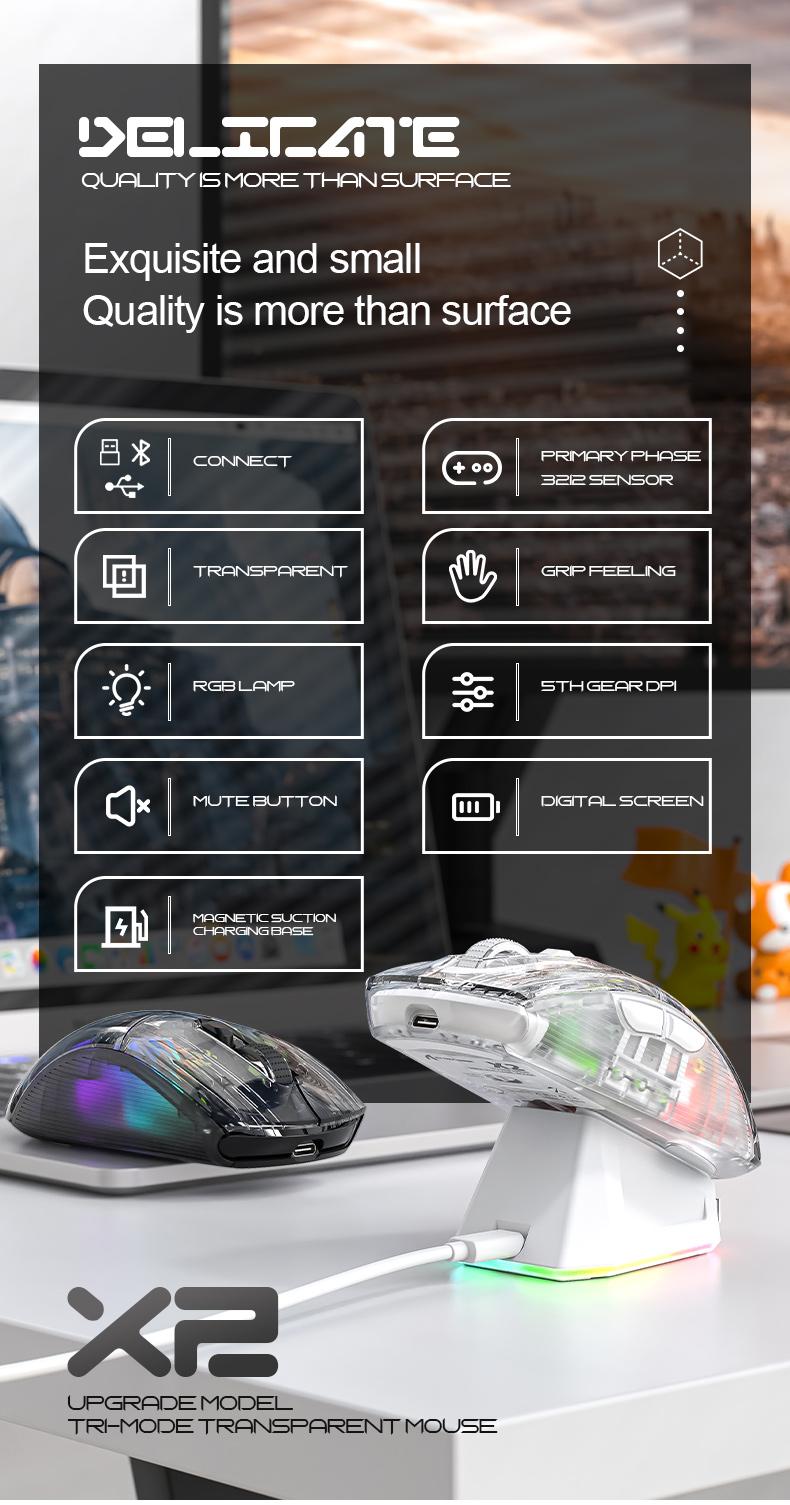 Attack Shark X2 Pro RGB Mouse Wireless Bluetooth Three-mode Transparent ...