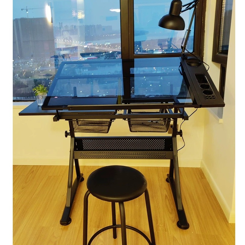 Drafting table with adjustable height Glass drafting table Leather ...