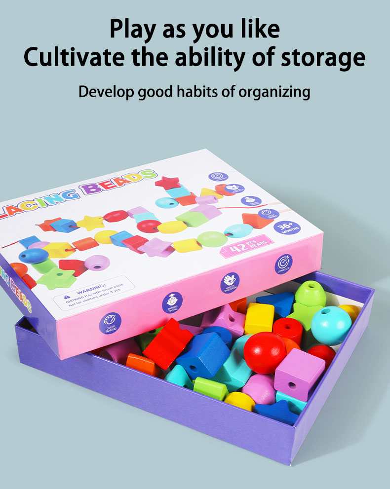 Wooden lacing beads String Large Beads Toys 42PCS Geometric bead Beads ...