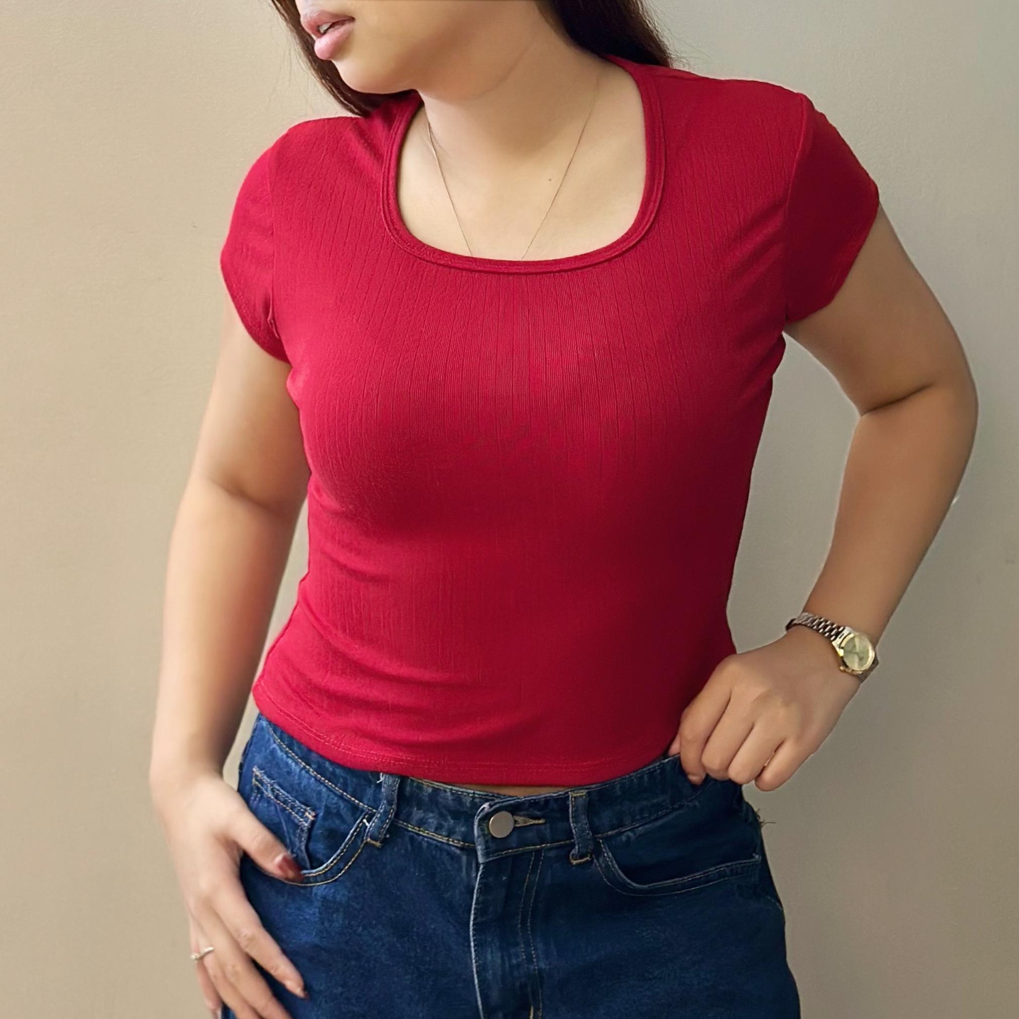 HEY ZOEY Assunta Squareneck Baby Tee Mid-Length Textured Cotton Fabric ...