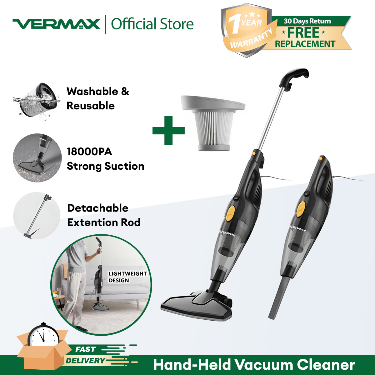 Vermax 2IN1 Handheld Vacuum Cleaner 18000pa Lightweight Stick Vacuum ...