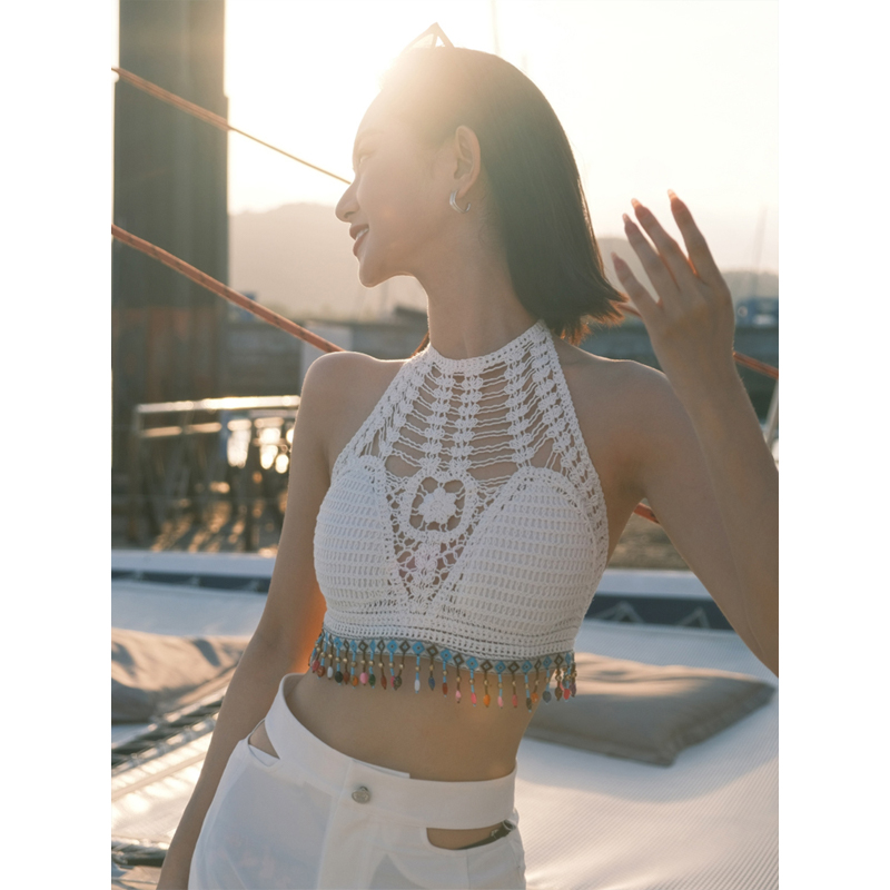 Crochet Top with Color Pendants Beach Outfit for Women Knitted Swimming ...