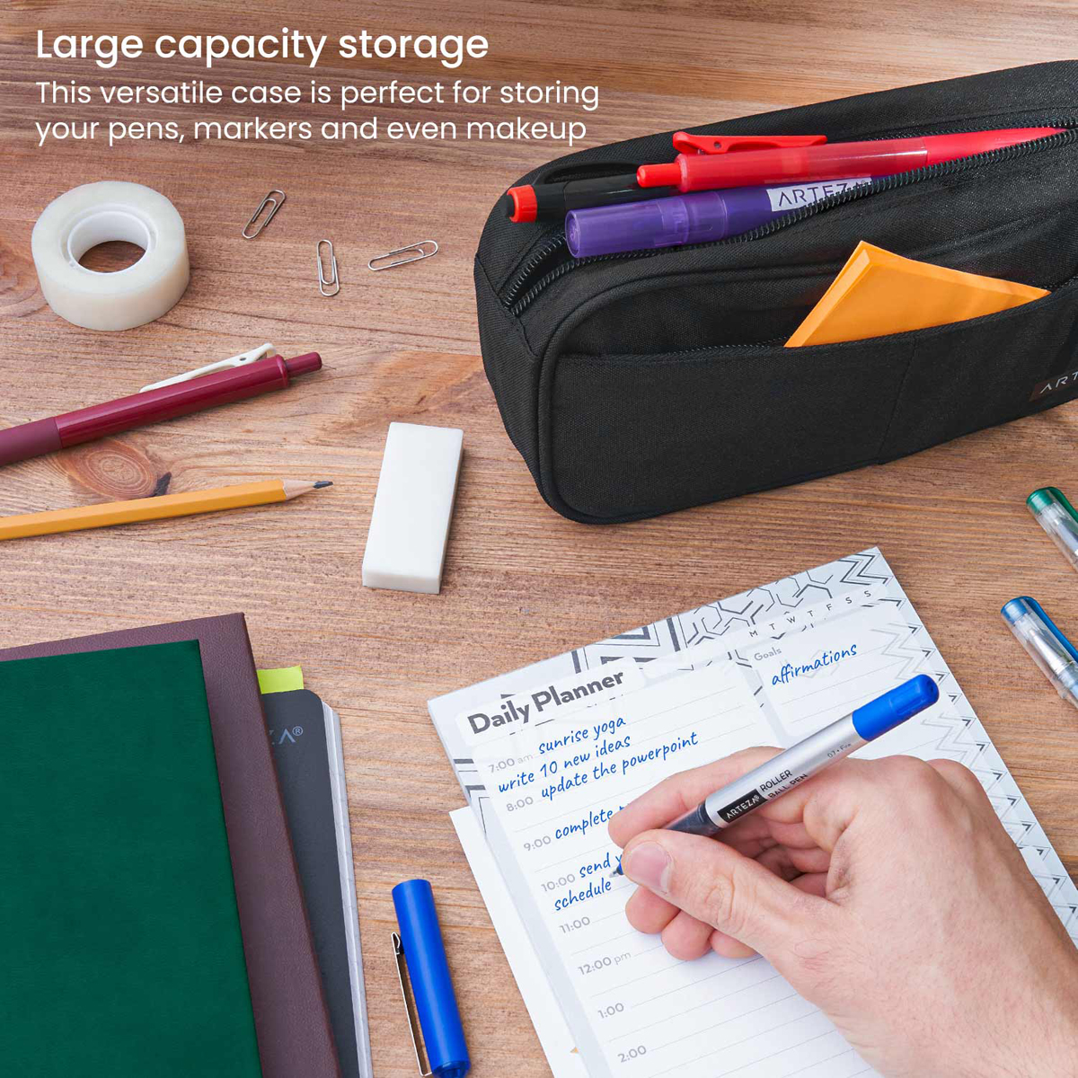 Black Pen Case Large Capacity Pencil Pouch Opening Student Stationery ...