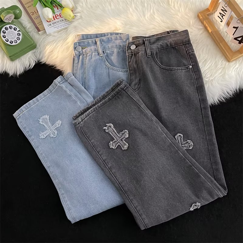 Jeans For Men Baggy Denim American Cross Printed Aesthetic Pants Washed ...