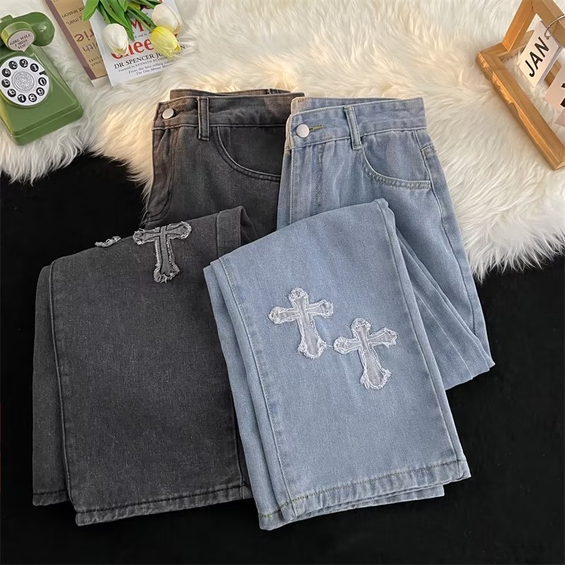 Jeans For Men Baggy Denim American Cross Printed Aesthetic Pants Washed ...