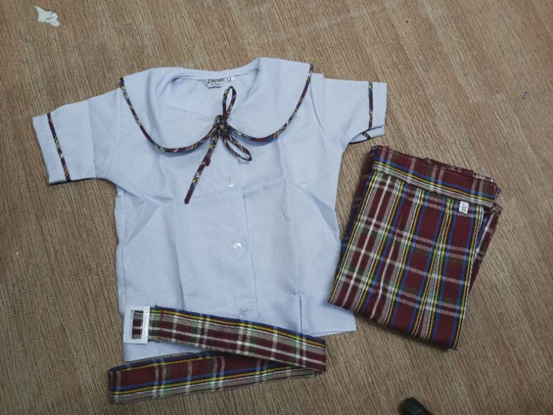 COMPLETE SET SCHOOL UNIFORM MAROON CHECKERED SKIRT AND BLOUSE WITH ...