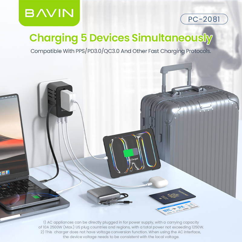 BAVIN PC2081 70W GaN Charging Adapter for Universal Plug & Multi-Port Charger w/ Retractable ...