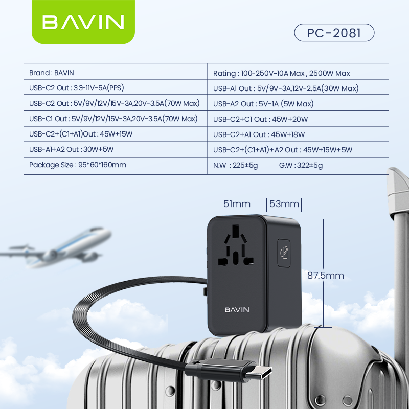 BAVIN PC2081 70W GaN Charging Adapter for Universal Plug & Multi-Port Charger w/ Retractable ...