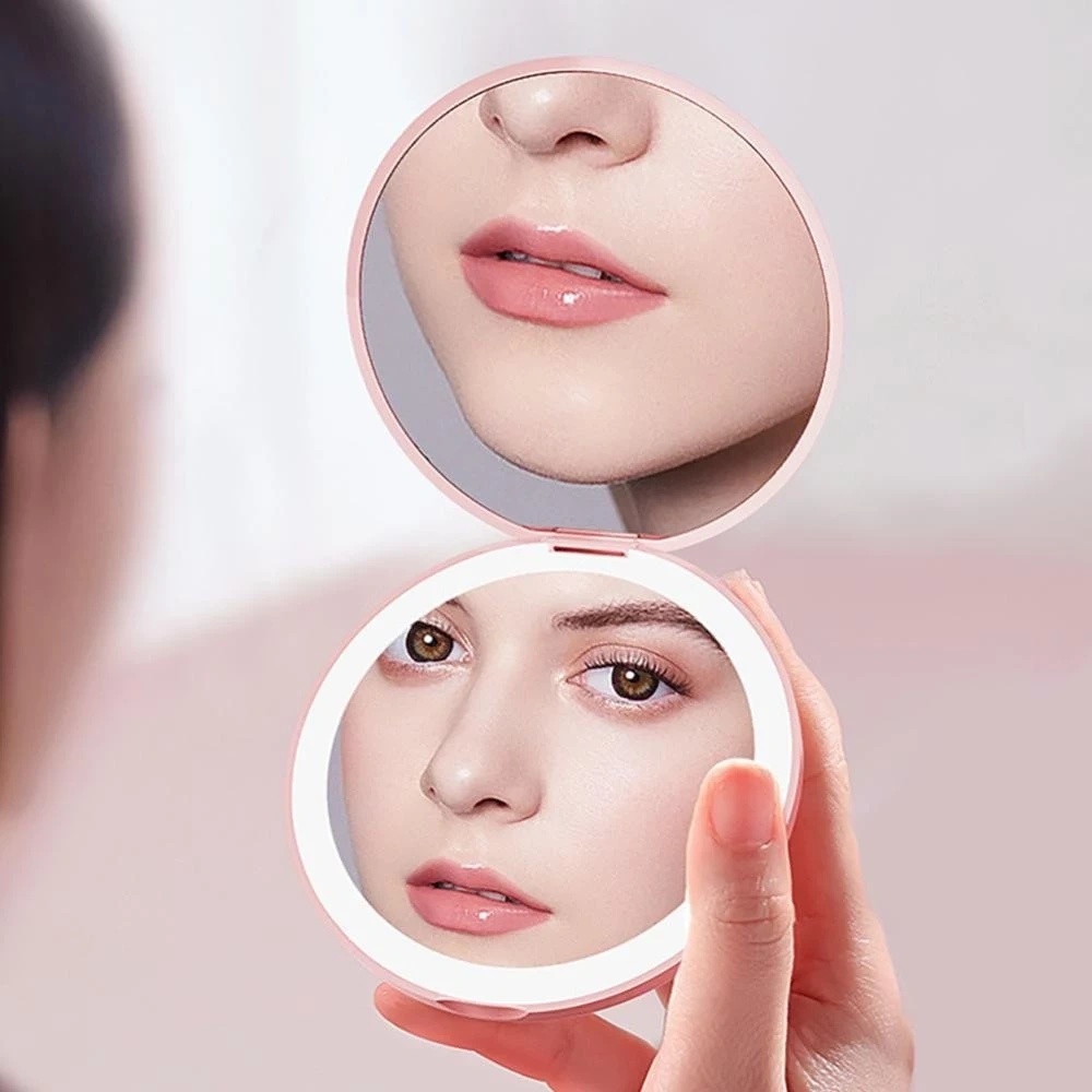 USB Rechargeable Handy Round LED Mirror for Make-Up Compact Makeup flip ...