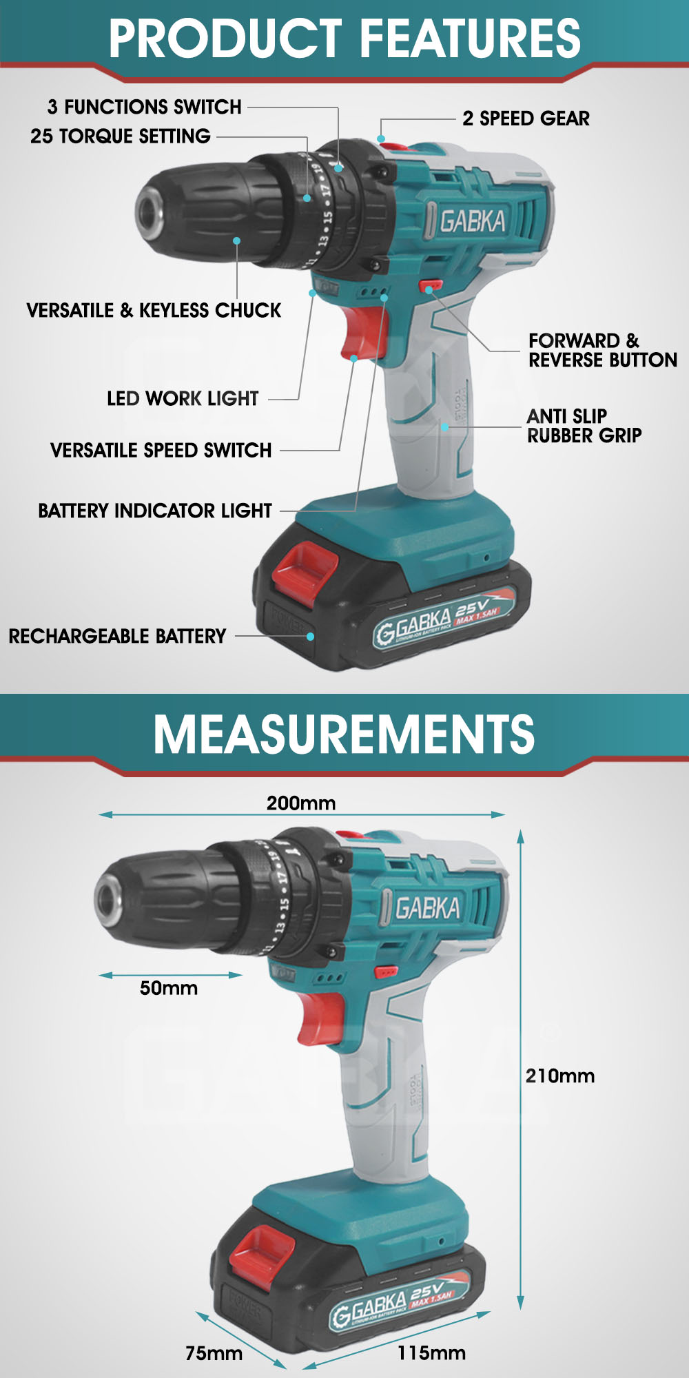 GABKA Cordless Hammer Drill 25V Set Heavy Duty Battery Rechargeable 2 ...