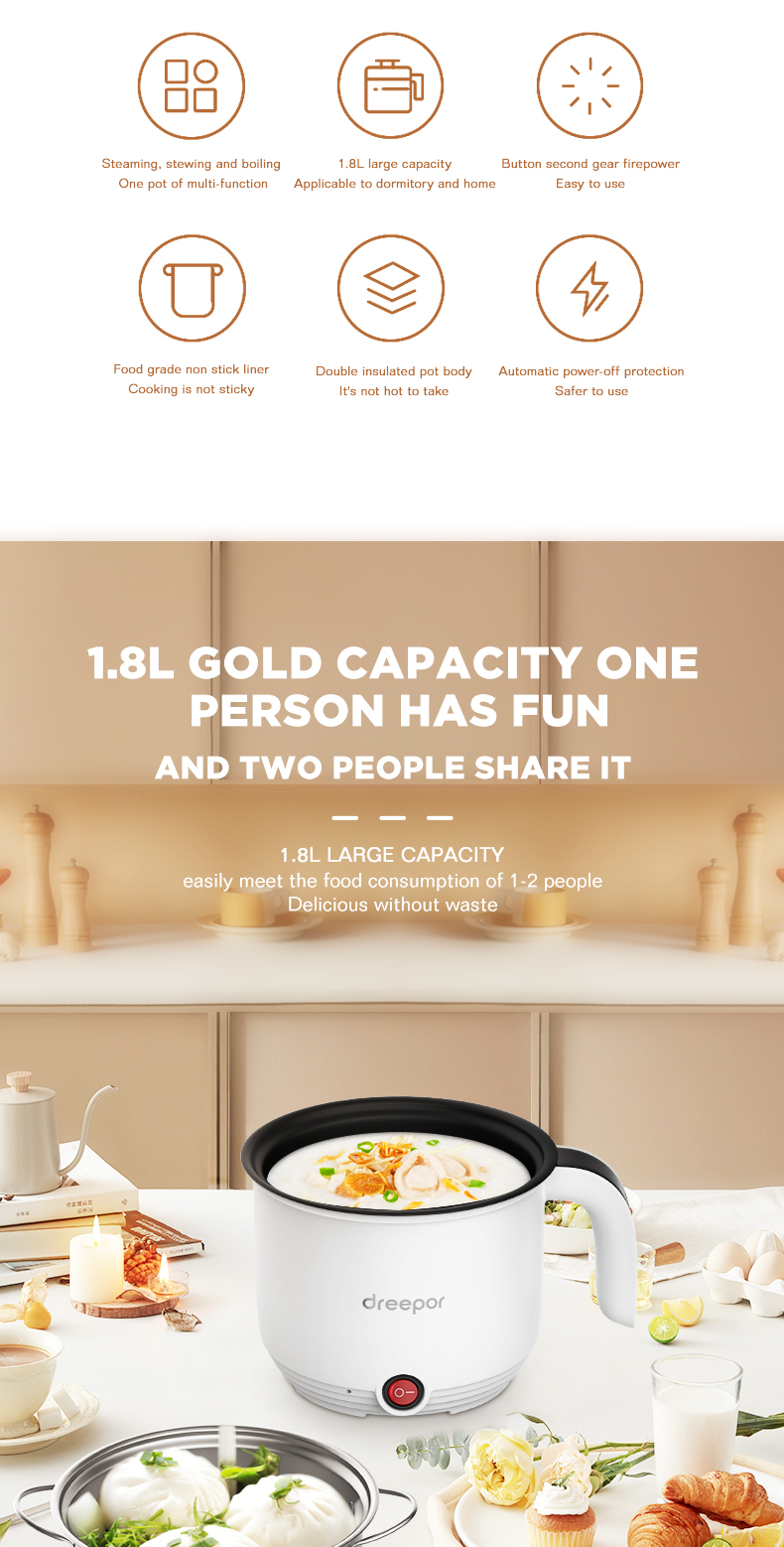 Dreepor 1.8L Mini Rice Cooker Small With Steamer Non Stick Pan Hot Pot MultiFunction Electric ...