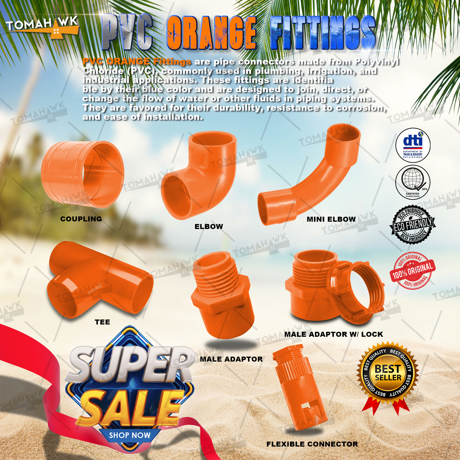 TOMAHAWK SOLD PER (1PC) PVC ORANGE FITTINGS 1/2, 3/4, 1" TEE, COUPLING ...
