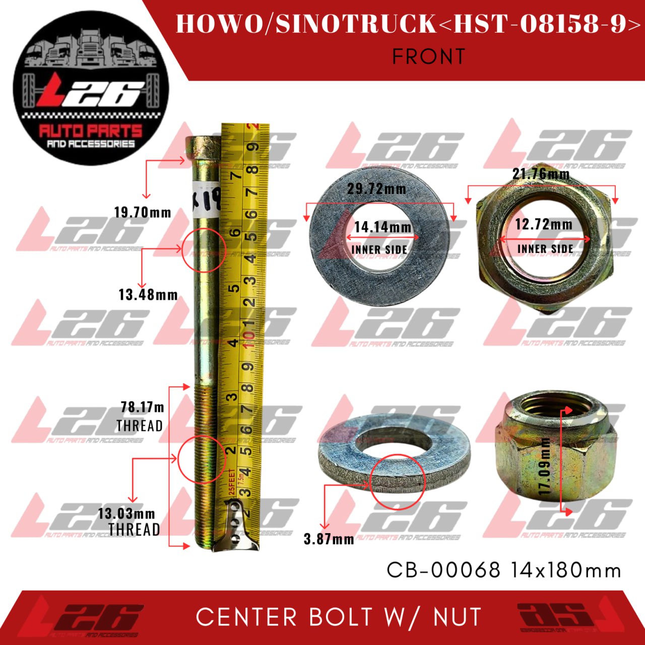 Howo/Sinotruck CENTER BOLT WITH NUT FRONT REAR 14x180mm 14x340mm HST ...