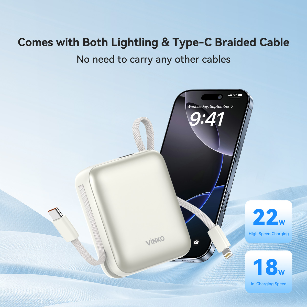 VINKO V9 Pocket Fast Charging Powerbank 10000mAh Type-C Lighting Dual Cable 22.5W Android 18W ...