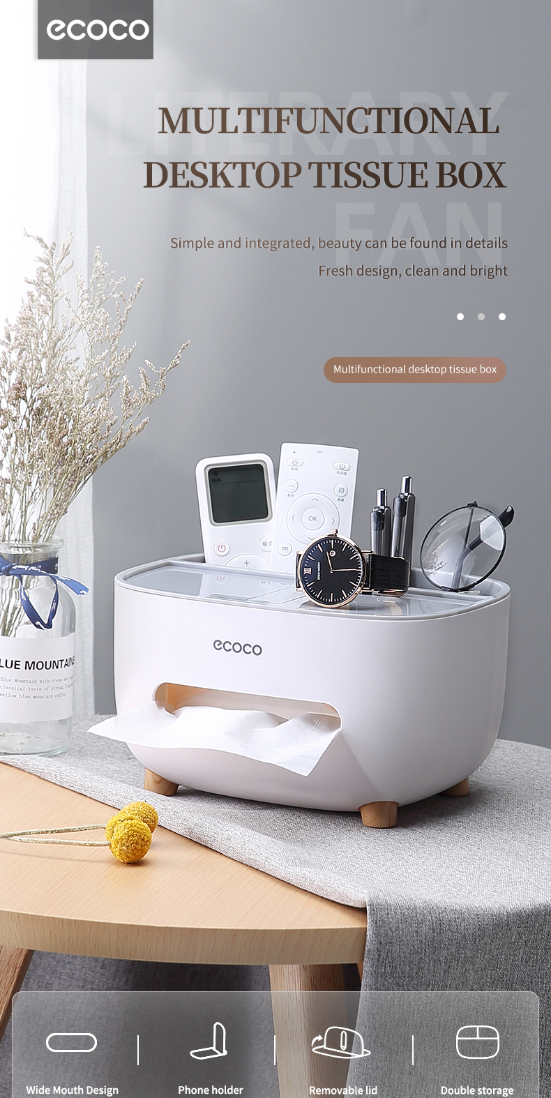 Ecoco Tissue Holder with Phone Holder for Table Tissue Box 3 Colors ...