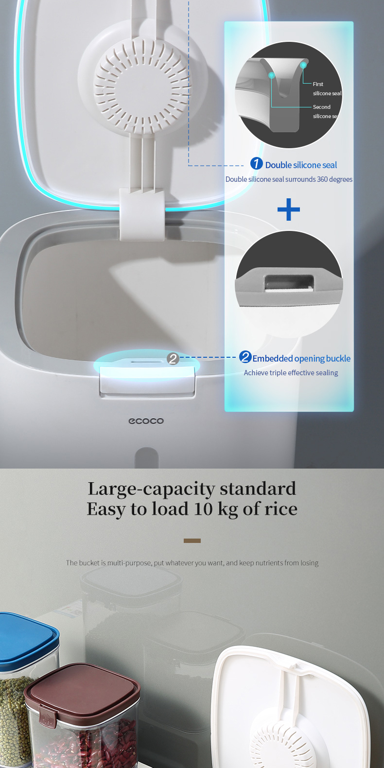 Ecoco Rice Dispenser 5Kg 10Kg with Measuring Cup Rice Storage Container ...