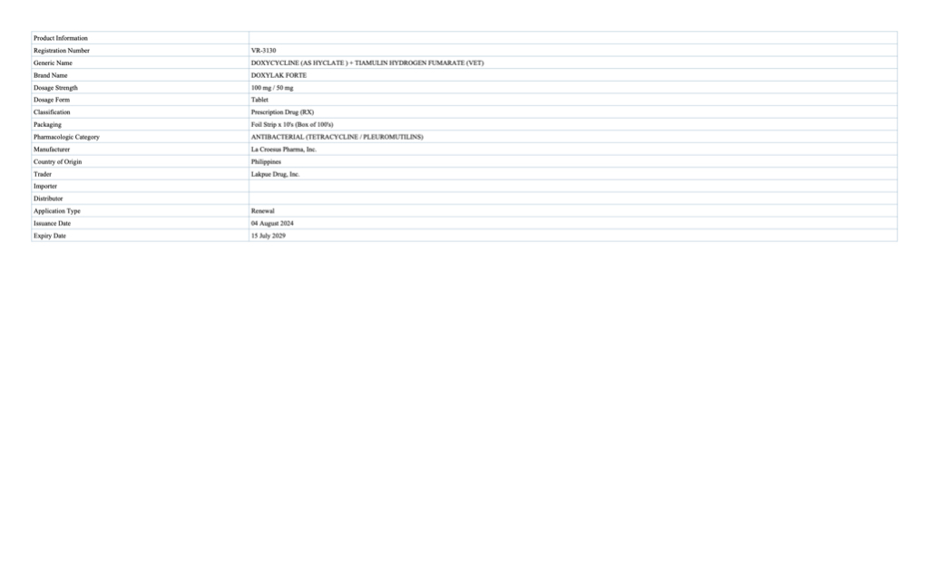 DOXYLAK FORTE Antibacterial 1BOX-100 Tablets (FOR ANIMAL USE ONLY ...