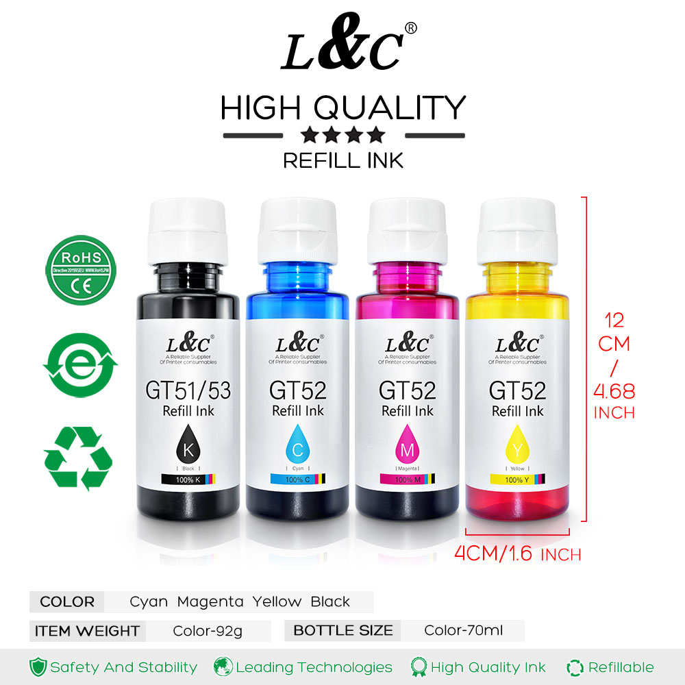L&C 1PC GT51 GT52 70ml Black Ink Dye Ink Compatible Refill Ink For HP ...