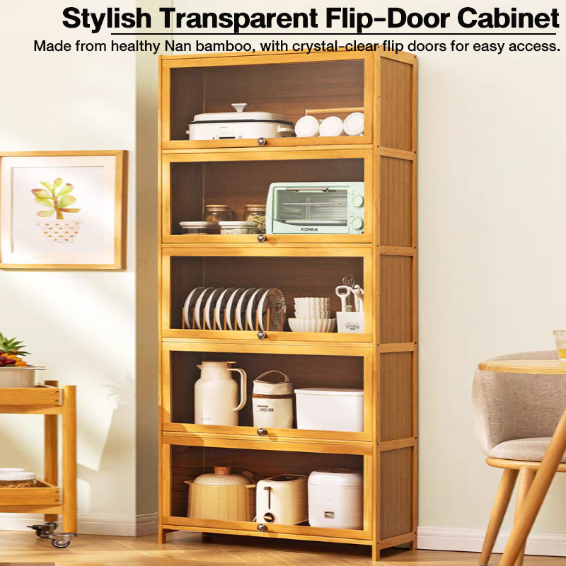【On Hand】Bamboo Display Cabinet For Kitchen Acrylic Wood Bookshelf ...