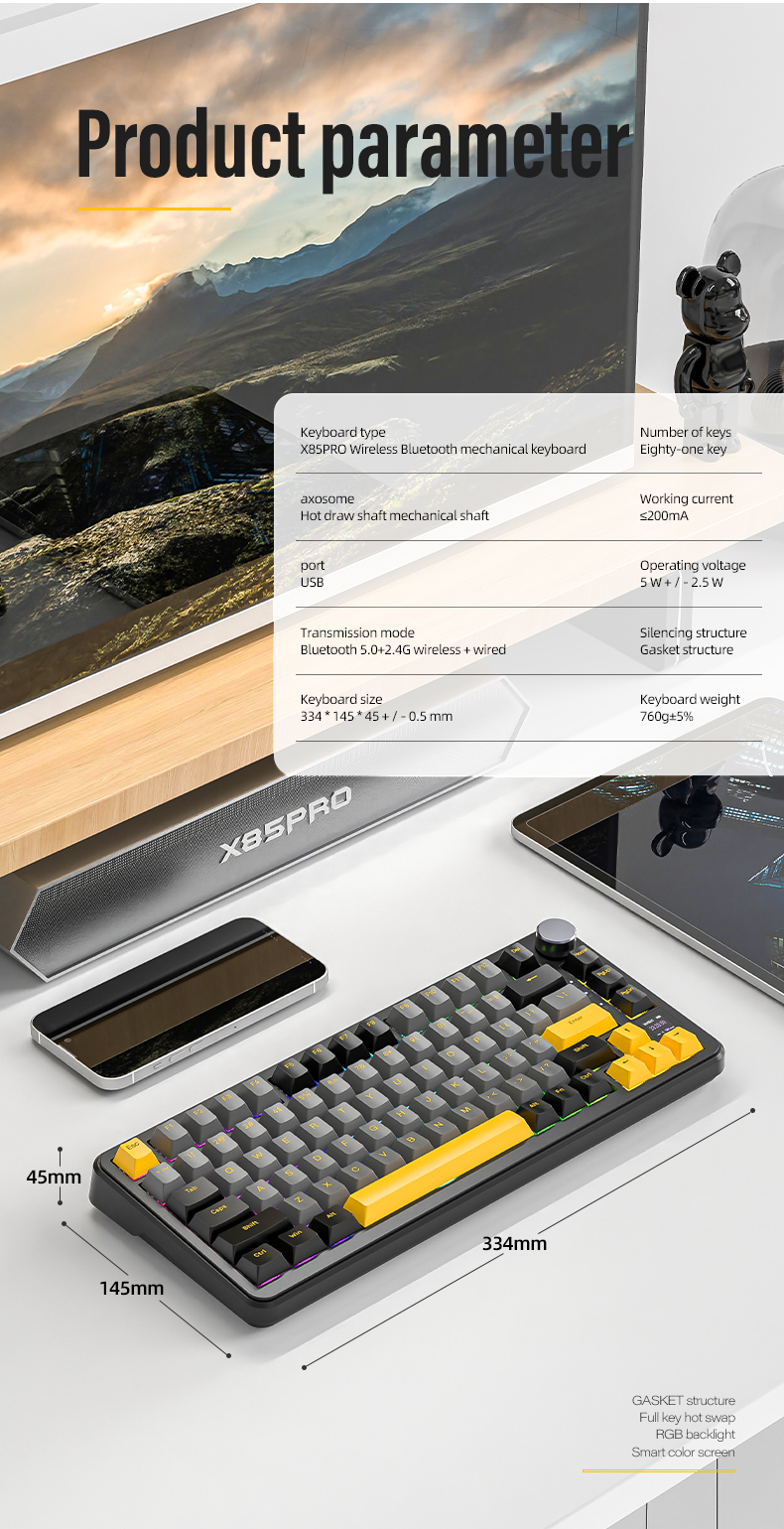 Attack Shark X85 Pro Wireless Gasket Mechanical Keyboard 75% Tri-Mode ...