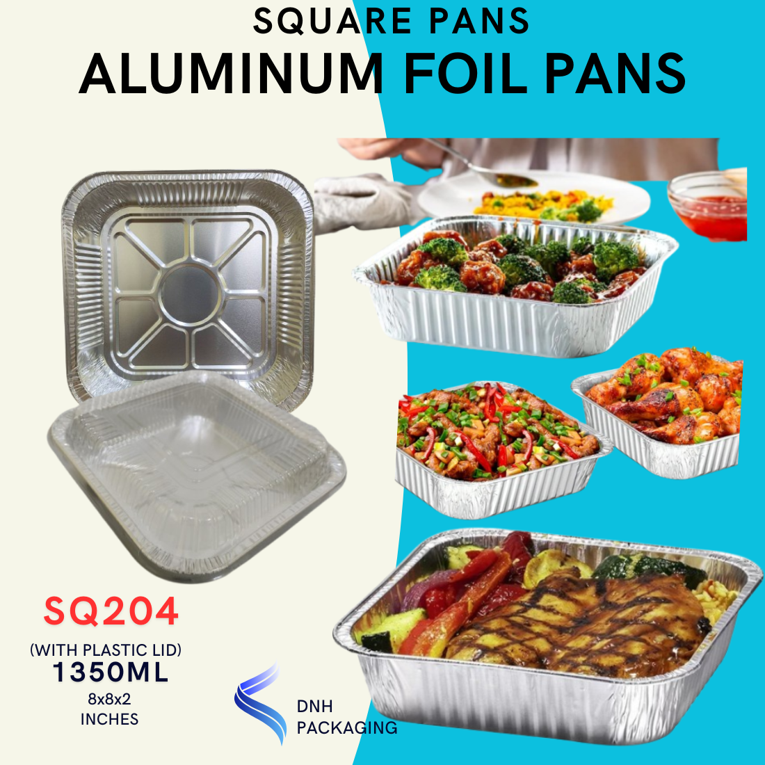 SQ204 (8x8x2) Aluminum Foil Tray With Plastic Lid Square Pan 1350ml ...