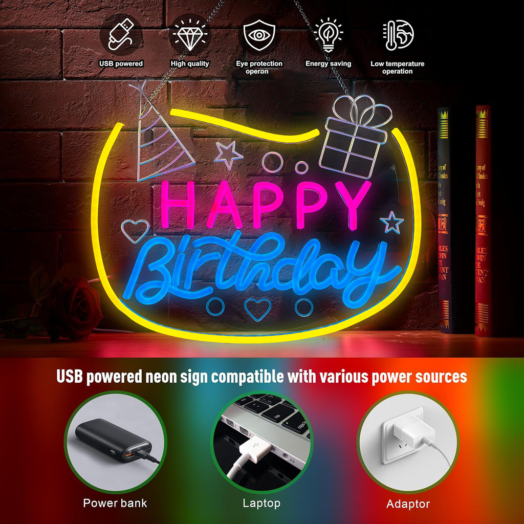 Happy Birthday LED Sign Brightness Adjustable Neon Sign Wall Decor Birthday Party Wedding Home ...