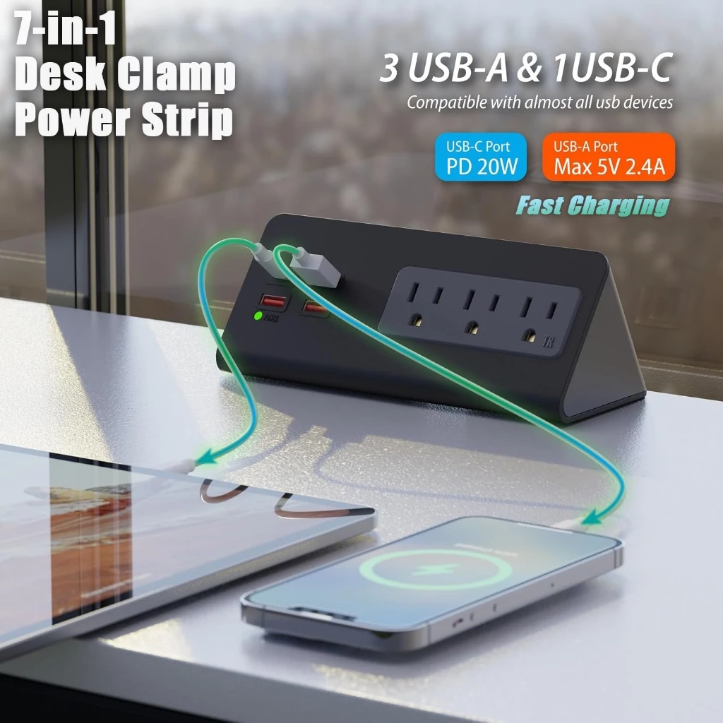 Desktop Power Strip Extension Cord With USB C Port PD 20W 2 Meter Surge ...