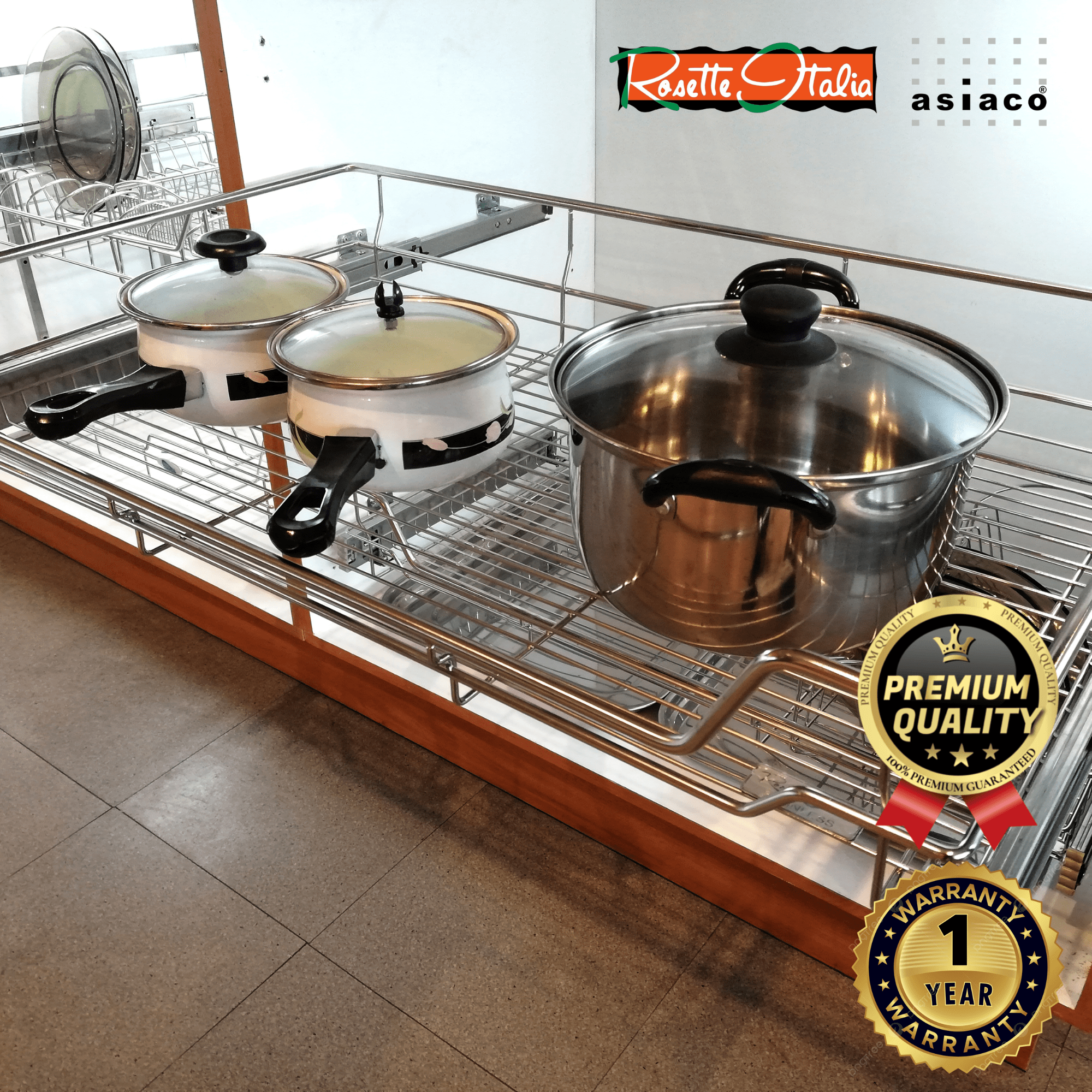 Asiaco Rosette Italia 1 Layer Soft Close Pullout All Purpose Stainless ...