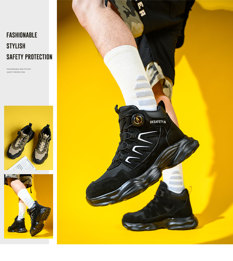 High-top button-free safety shoes without LACES, steel toe anti-crush ...
