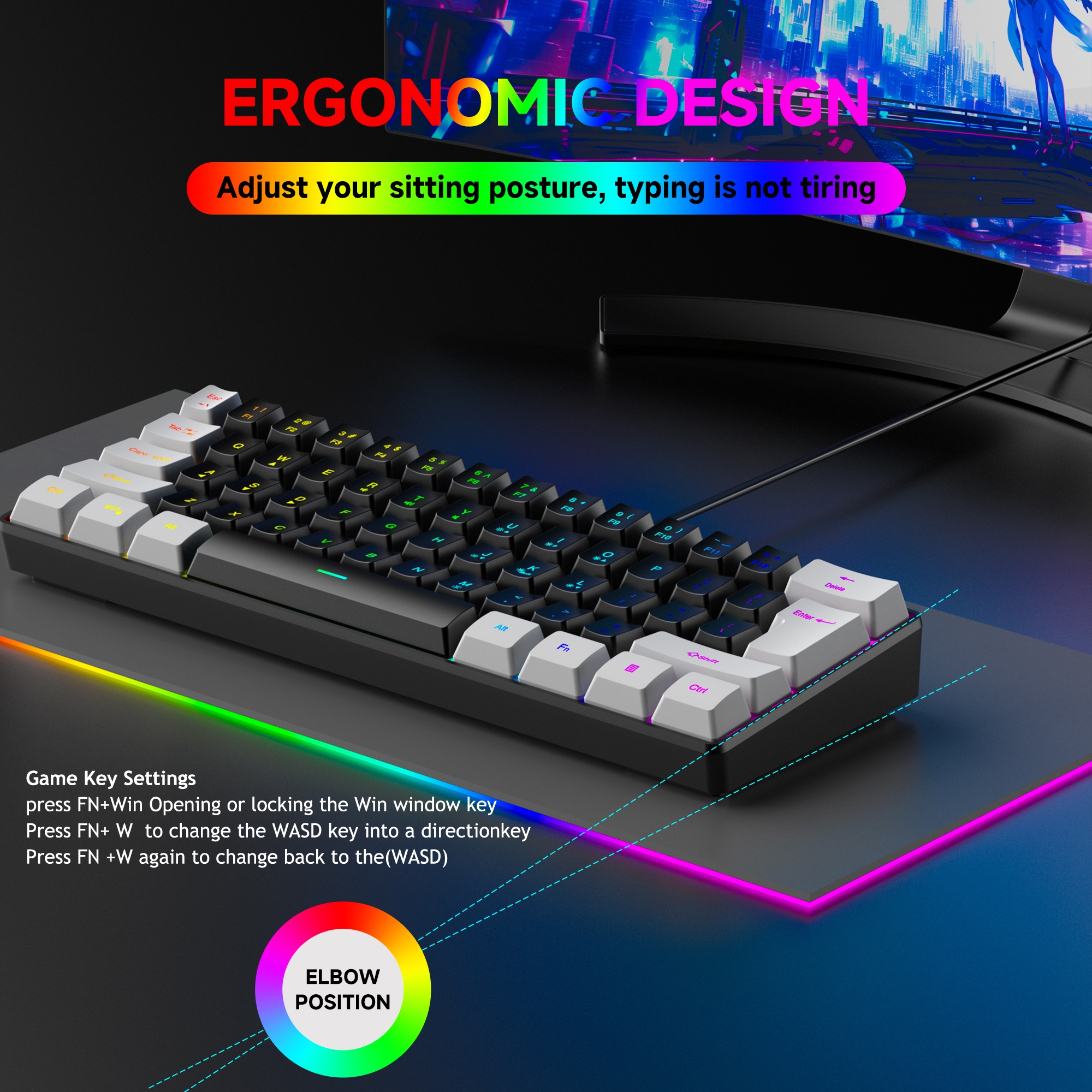 61-key RGB Membrane Keyboard Set Colorful MINI Black And White Gaming ...