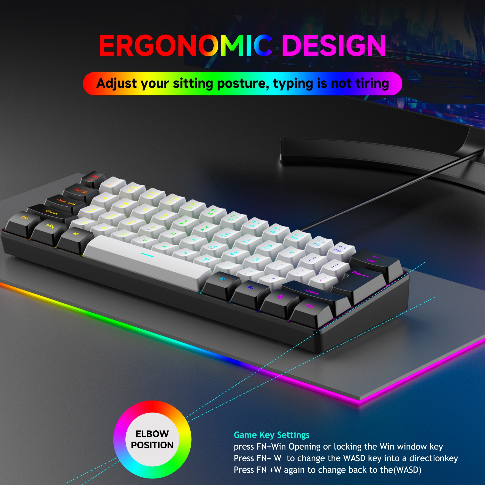 61-key RGB Membrane Keyboard Set Colorful MINI Black And White Gaming ...