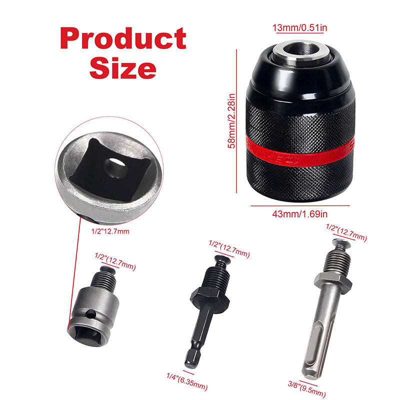 Metal 1/2-20UNF 2-13 mm Keyless Drill Chuck Hex Shank/Socket Square ...