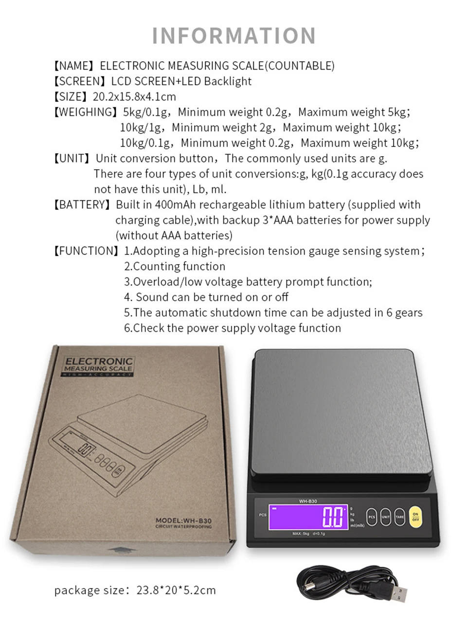 Rechargeable electronic scale 5kg/10kg kitchen stainless steel ...