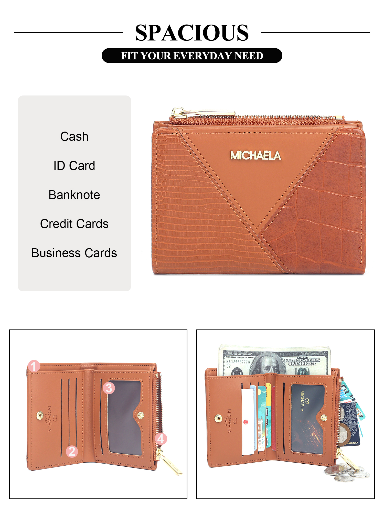 MICHAELA Luxury Bifold Short Wallet 7 Slots Crocodile Lizard Pattern for Commute Trips WP6513212 ...