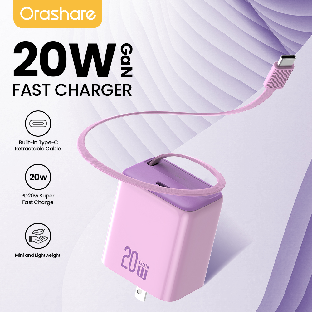 Orashare CR20 2-in-1 GaN 20W Fast Charger With Built-in Retractable Type C Cable Fast Charging ...