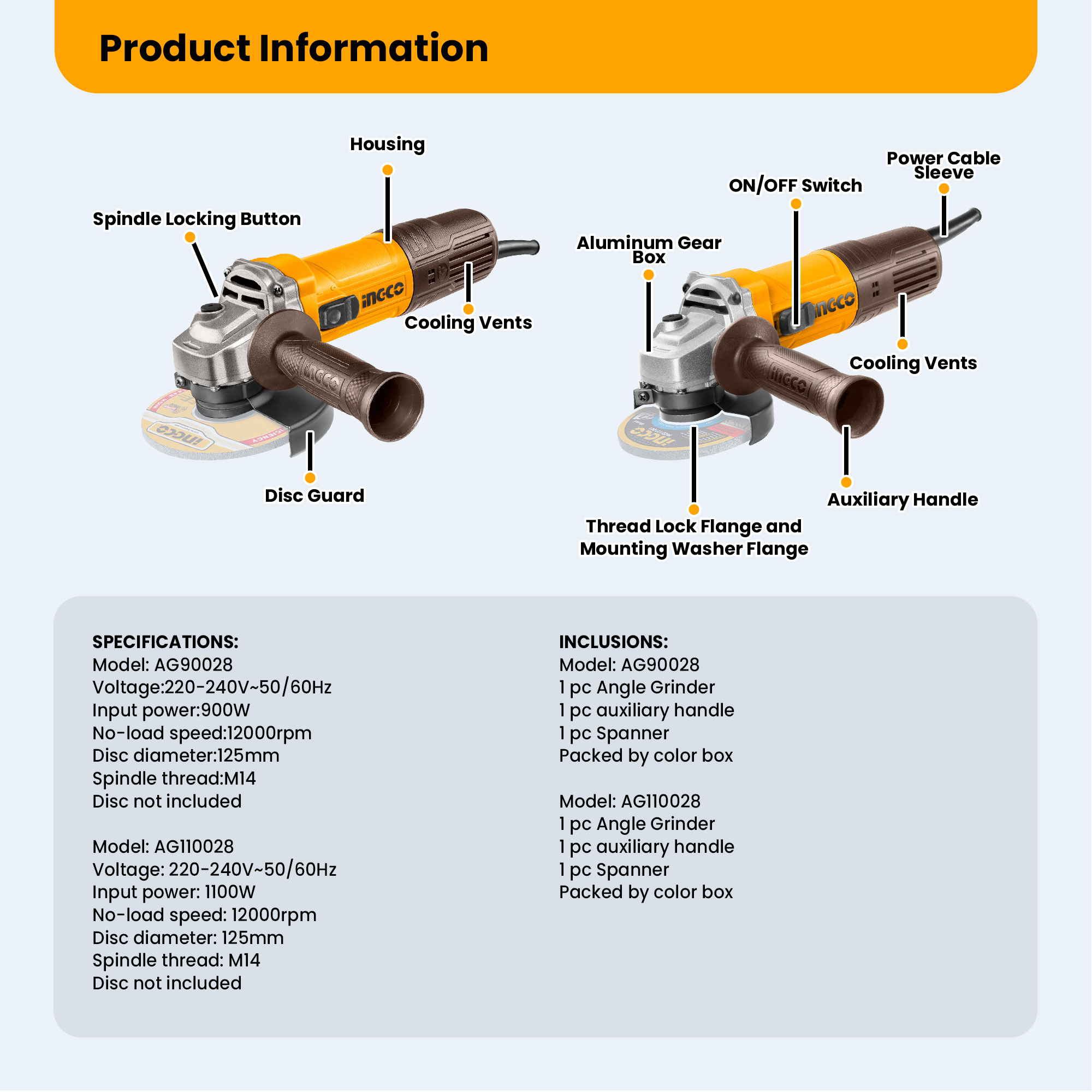 Ingco Electric Angle Grinder 5" AG90028 (900W) | AG8528 (950W ...