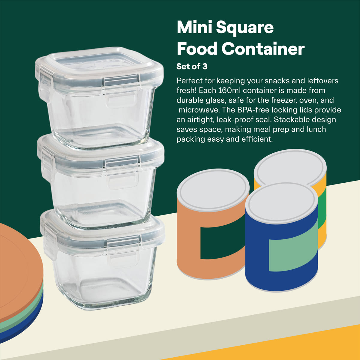 Famco Mini Square Food Containers Set of 3 - 160ml High-Borosilicate ...
