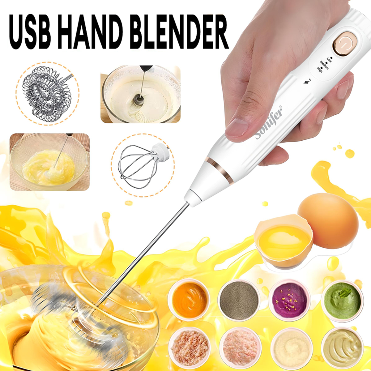 Sonifer 3-Speed Milk Frother Handheld for Coffee with 2 Whisks USB ...