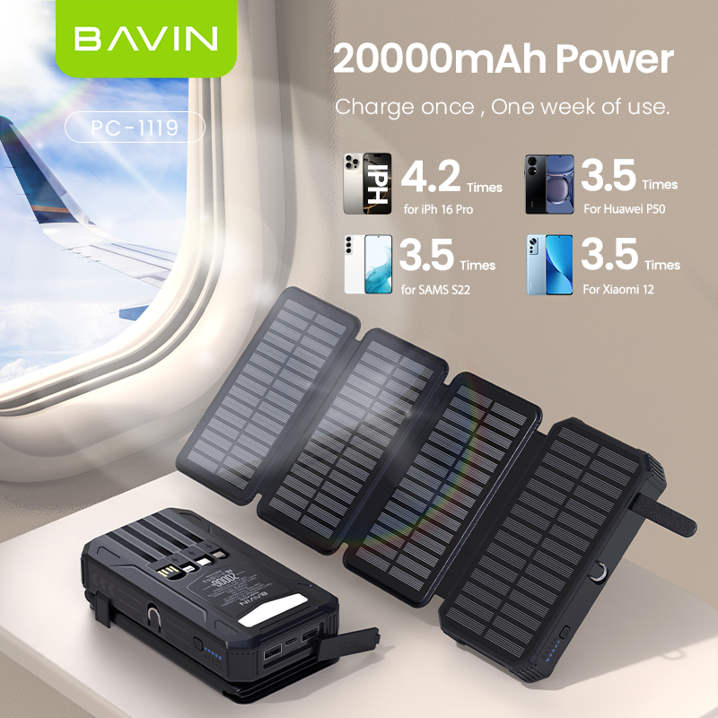 BAVIN PC1119 20000mAh Solar Charging Powerbank Built-In Cable Wireless Charging w/ Waterproof ...