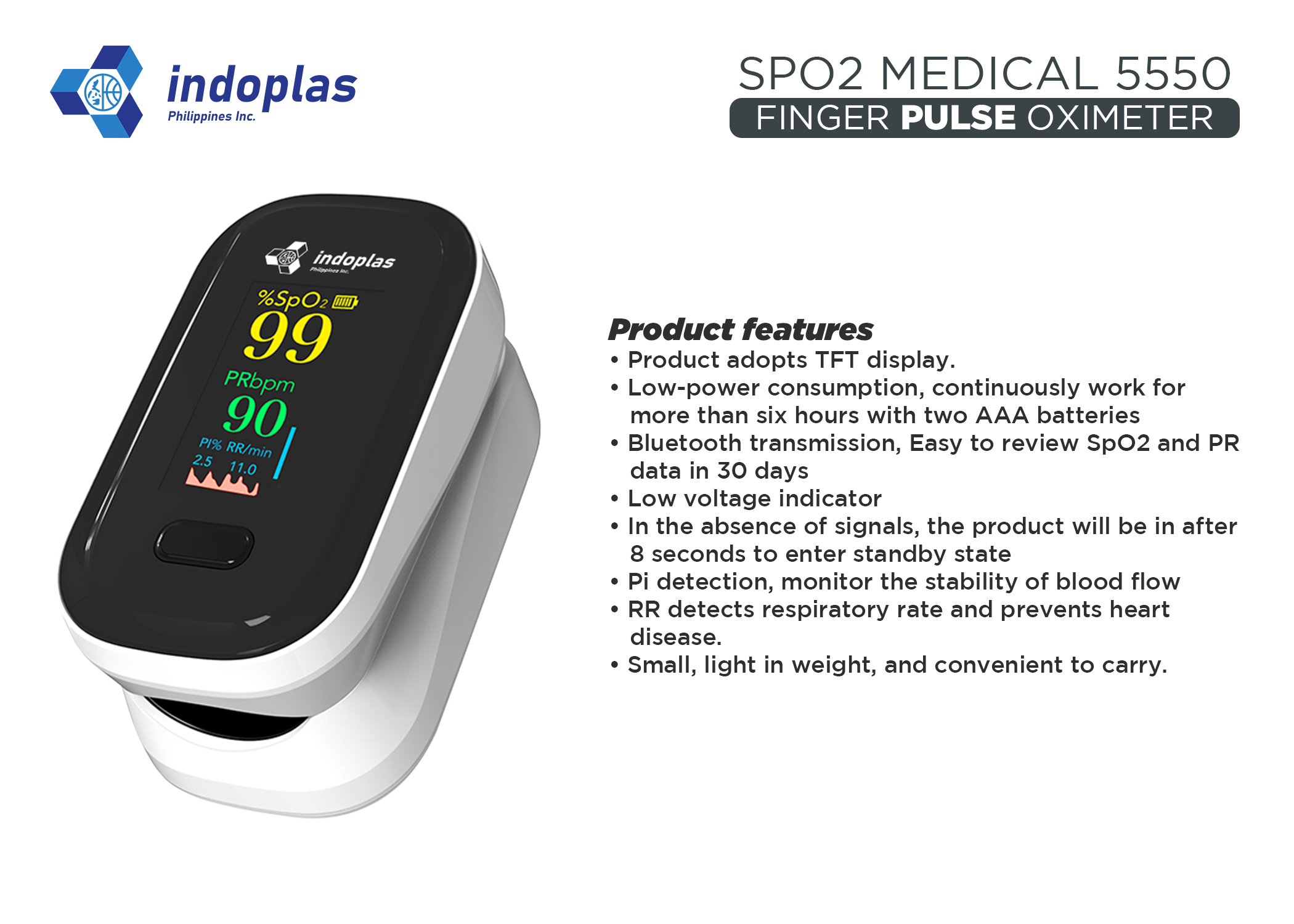 Indoplas Pulse Oximeter SPO2 Medical 5550 with Respiratory Rate FDA ...