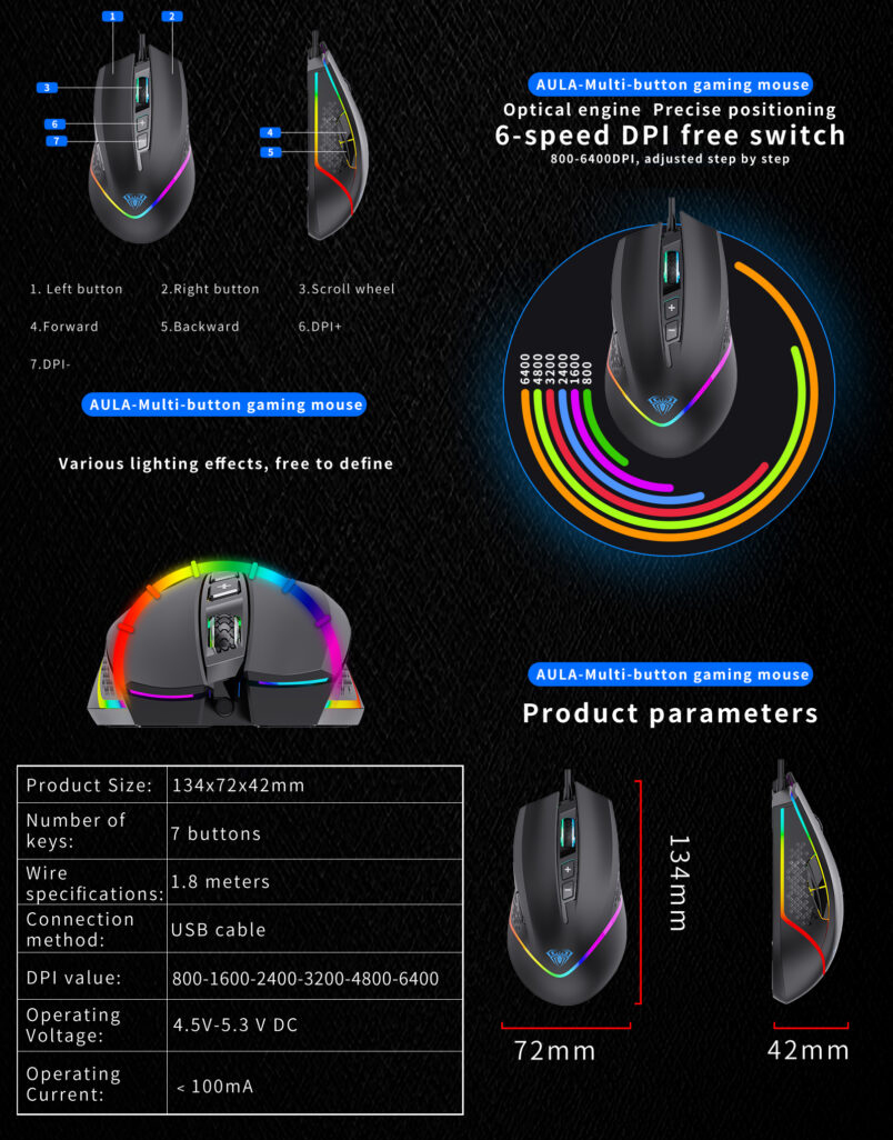 Aula Wind F805 Rainbow Backlit 7-Key Ergonomic Wired Optical Gaming ...