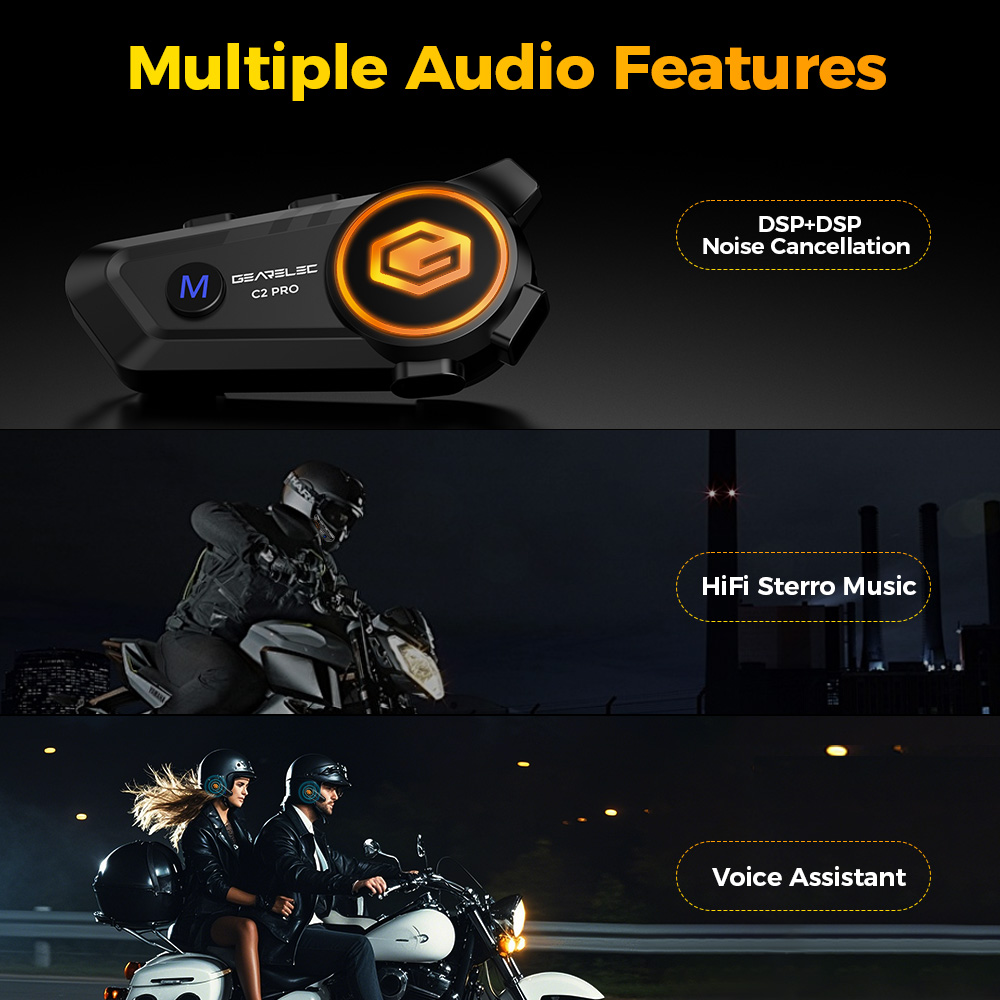 GEARELEC C2 Motorcycle Helmet Intercom Headset For 2 Riders For Talk ...