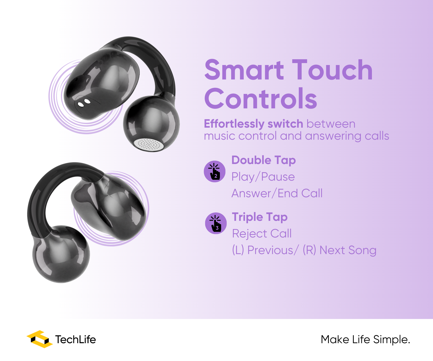 TechLife Clip-on Earbuds l 25-Hour Playback Time l Smart Touch Controls ...