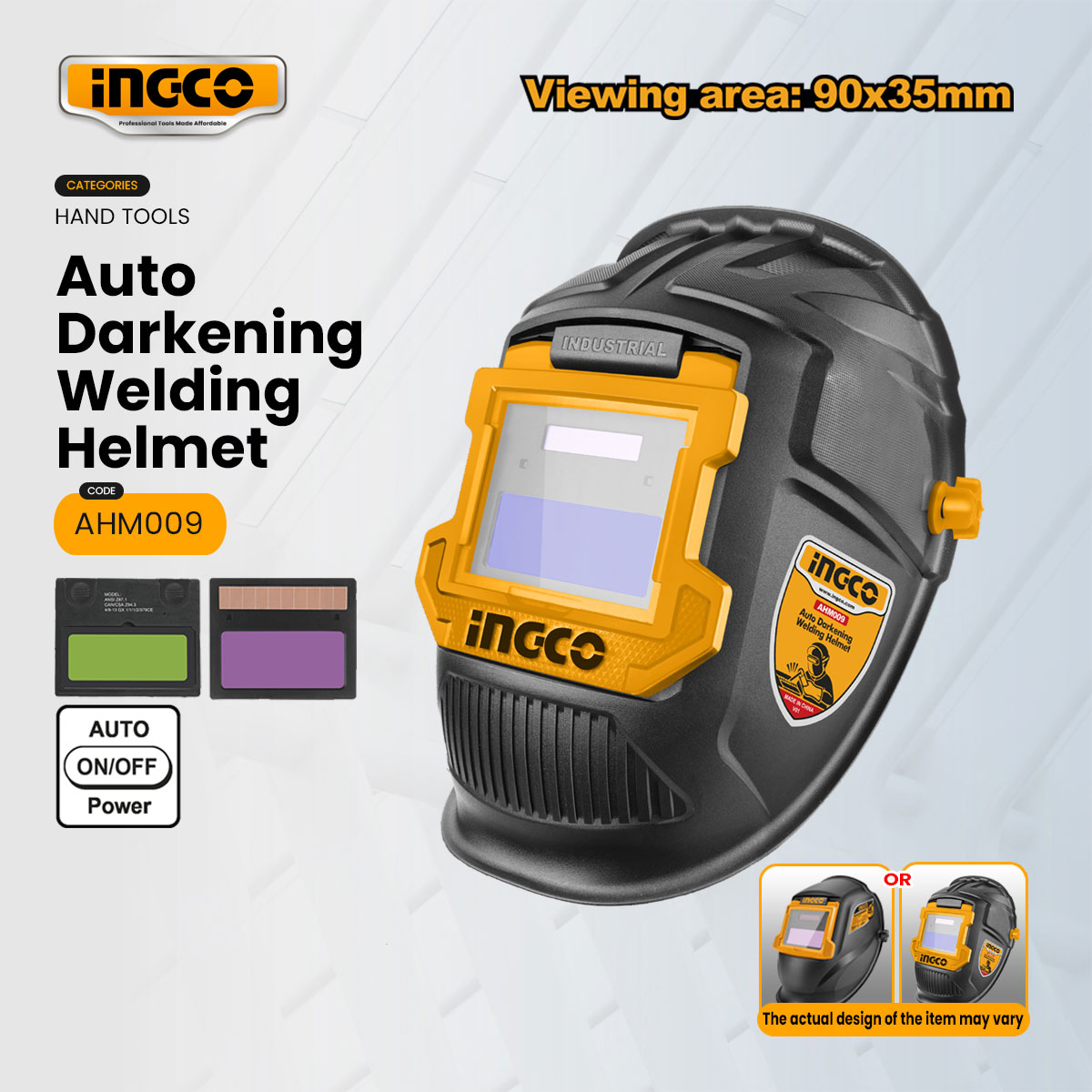 Ingco Auto Darkening Welding Helmet 90x35mm Solar Powered Welding Visor ...