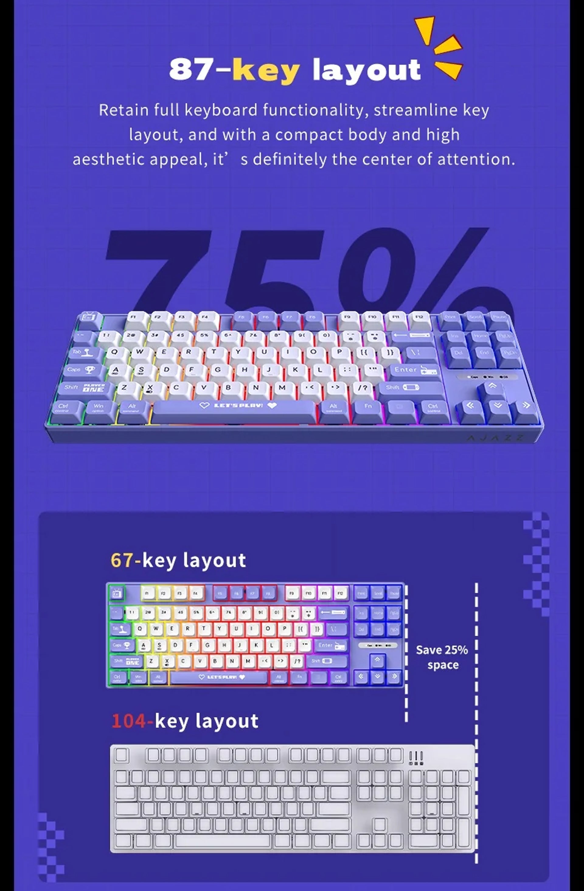 Ajazz AK870MC RGB Wired 87-Keys TKL Gasket-mounted Hot Swappable Mechanical Keyboard (Purple ...