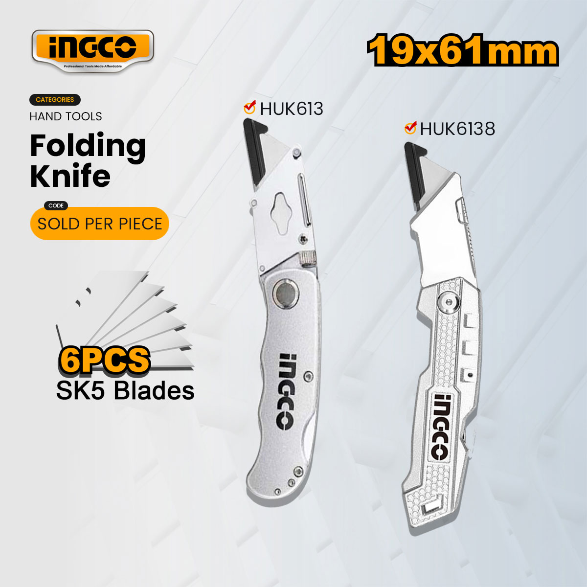 Ingco Folding Knife 61x19mm Aluminum Alloy Handle Foldable Pocket EDC Knife w/ 6pcs SK5 Blade ...