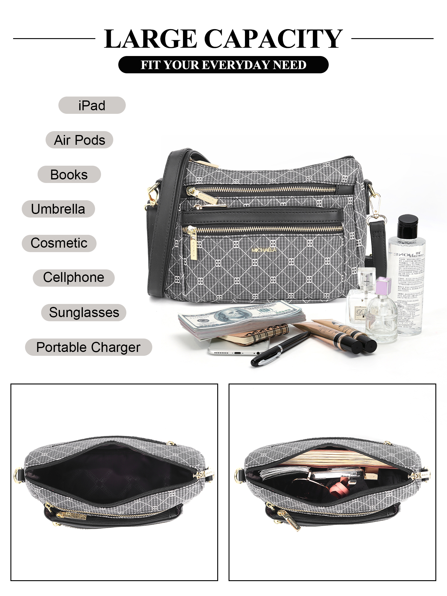MICHAELA Checkered Messenger Bag Multi-Pockets Spacious Retro Fashion ...