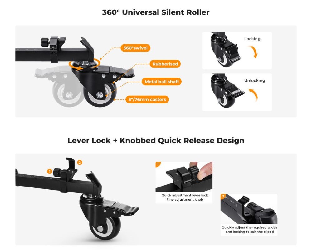 K&F Concept Heavy Duty Aluminum Alloy Universal Tripod Dolly 3 Wheel ...