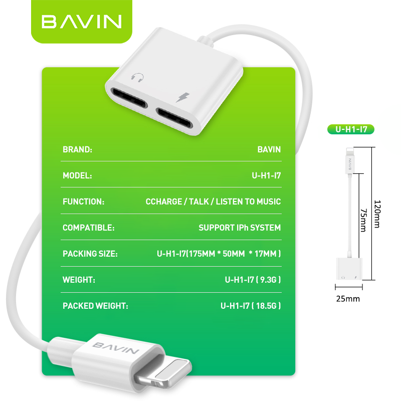BAVIN I7 Adapter Splitter 2 in 1 Dual Port Plug & Play Dongle for iPh ...