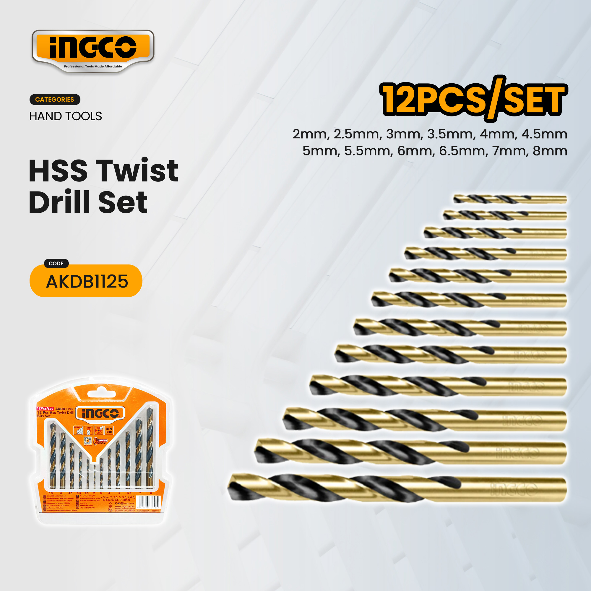 Ingco 12pcs HSS Twist Drill Bits Set 2mm-8mm High-Speed Steel Drill Bit ...